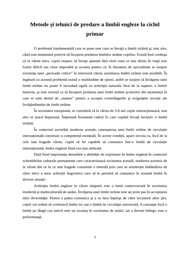 Metode de Predare A Limbii Engleze La Ciclul Primar Referat Masterat | PDF