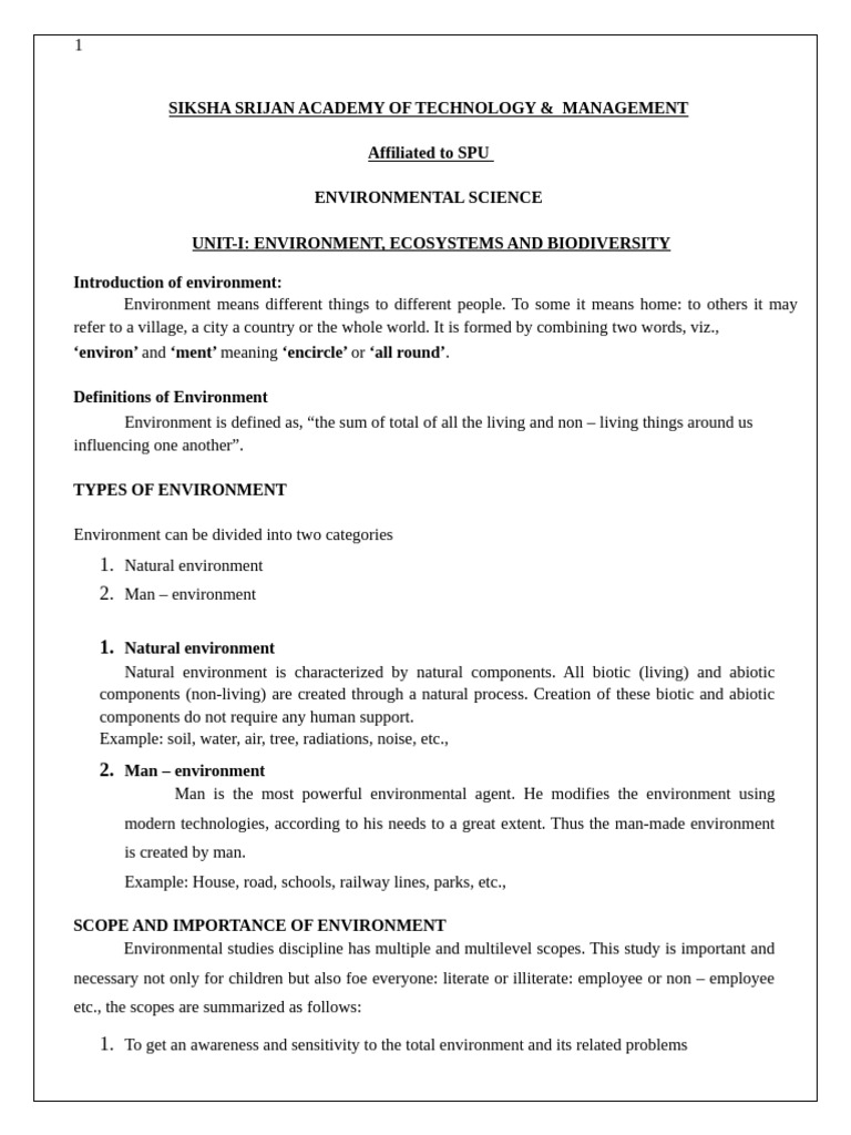 Evs Unit 1 | PDF | Food Web | Wellness
