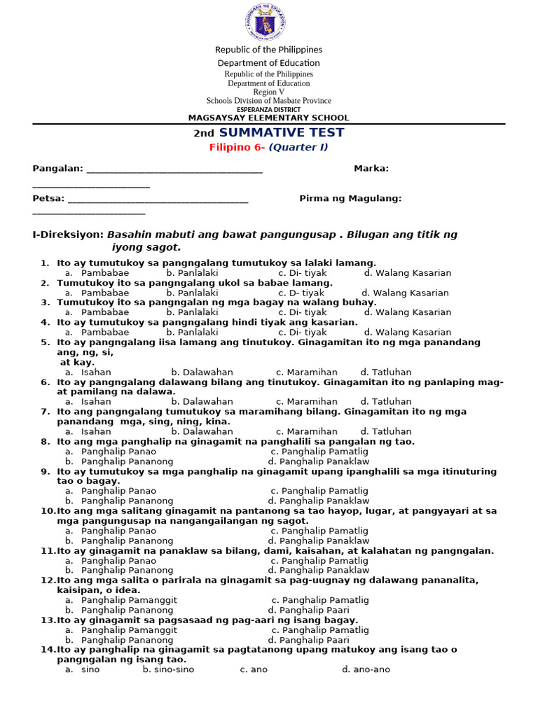 2nd FILIPINO SUMMATIVE TEST WITH TOS Q1 | PDF