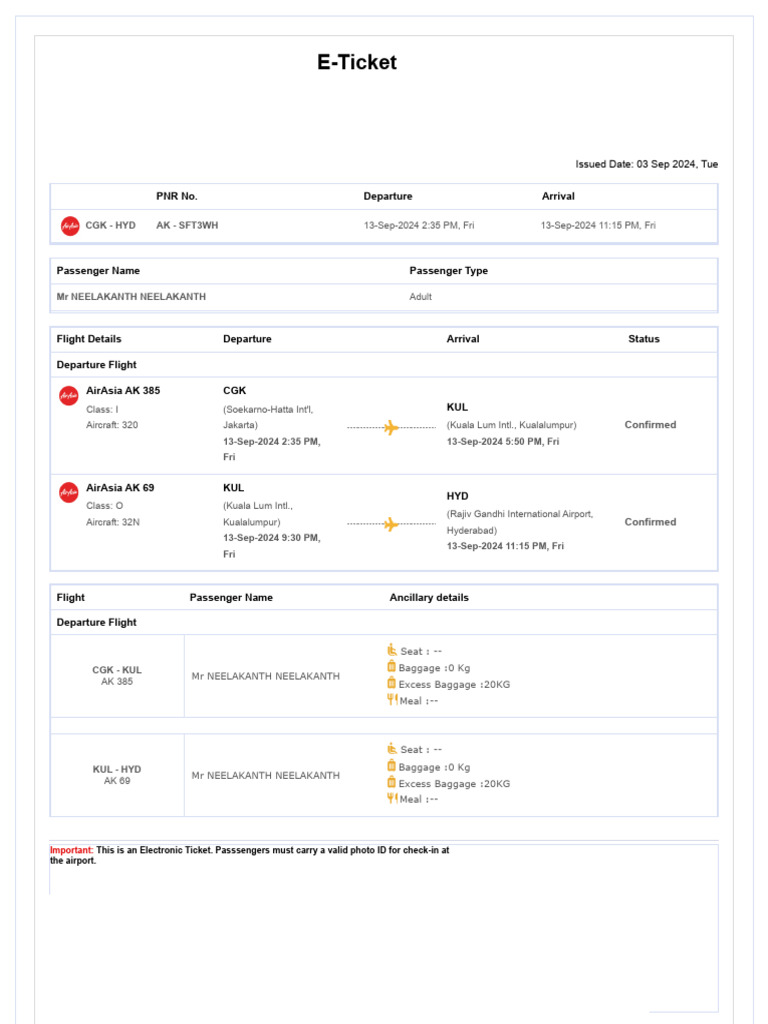 Neelakanth Air Asia Ticket | PDF