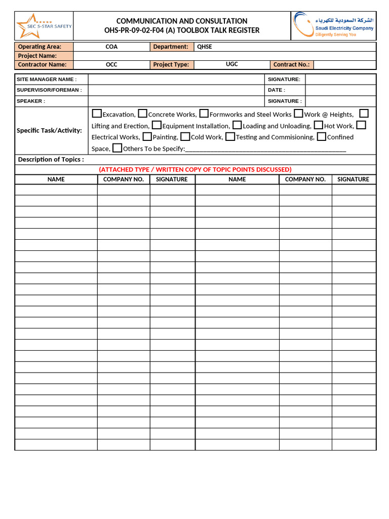 Ohs PR 09 02 f04 (A) Toolbox Talk Register | PDF