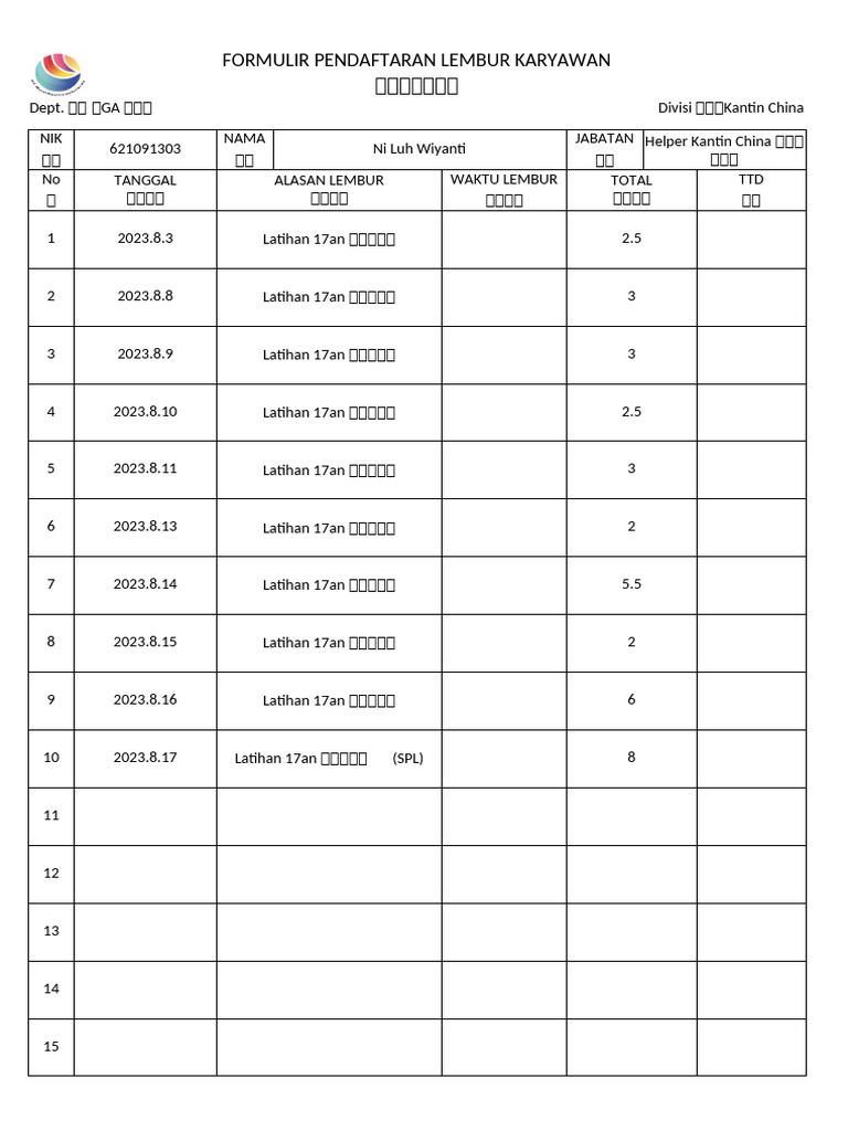 Formulir Pendaftaran Lembur Karyawan | PDF