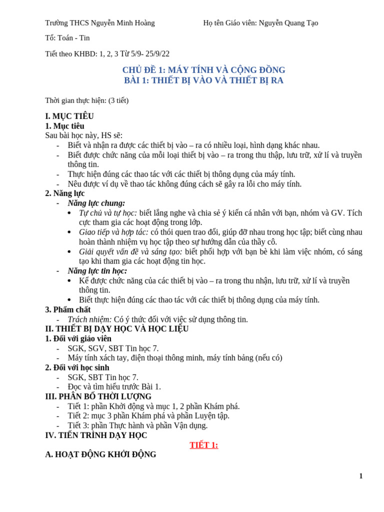 KHBD CTST Hoc Ki 1 | PDF