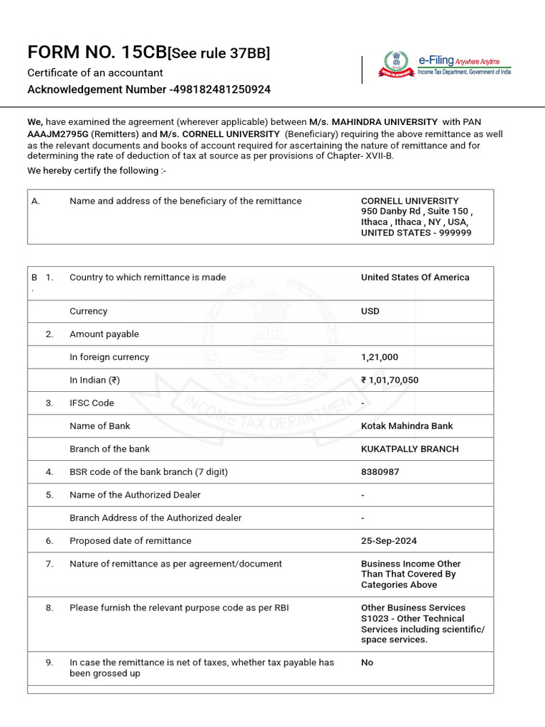 Form 15CB - Filed Form | PDF