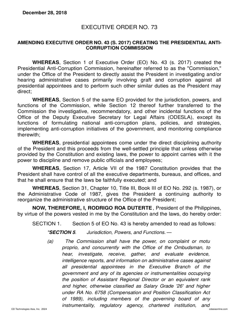 Amending Executive Order No. 43 (S. 2017) Creating The Presidential ...