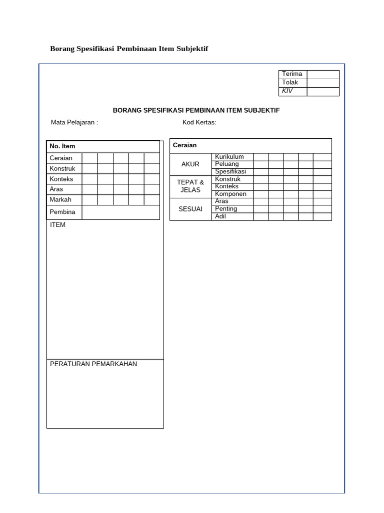Borang Spesifikasi Pembinaan Item Subjektif | PDF