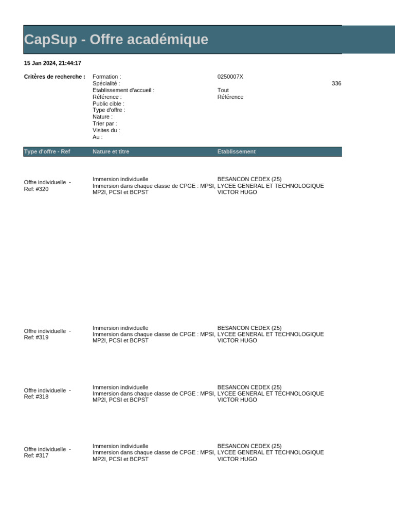 Capsup Liste Des Offres Academie | PDF