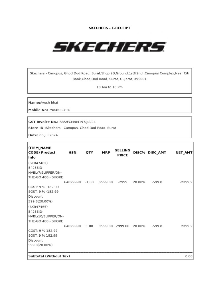 Skechers Receipt 123462588564 | PDF