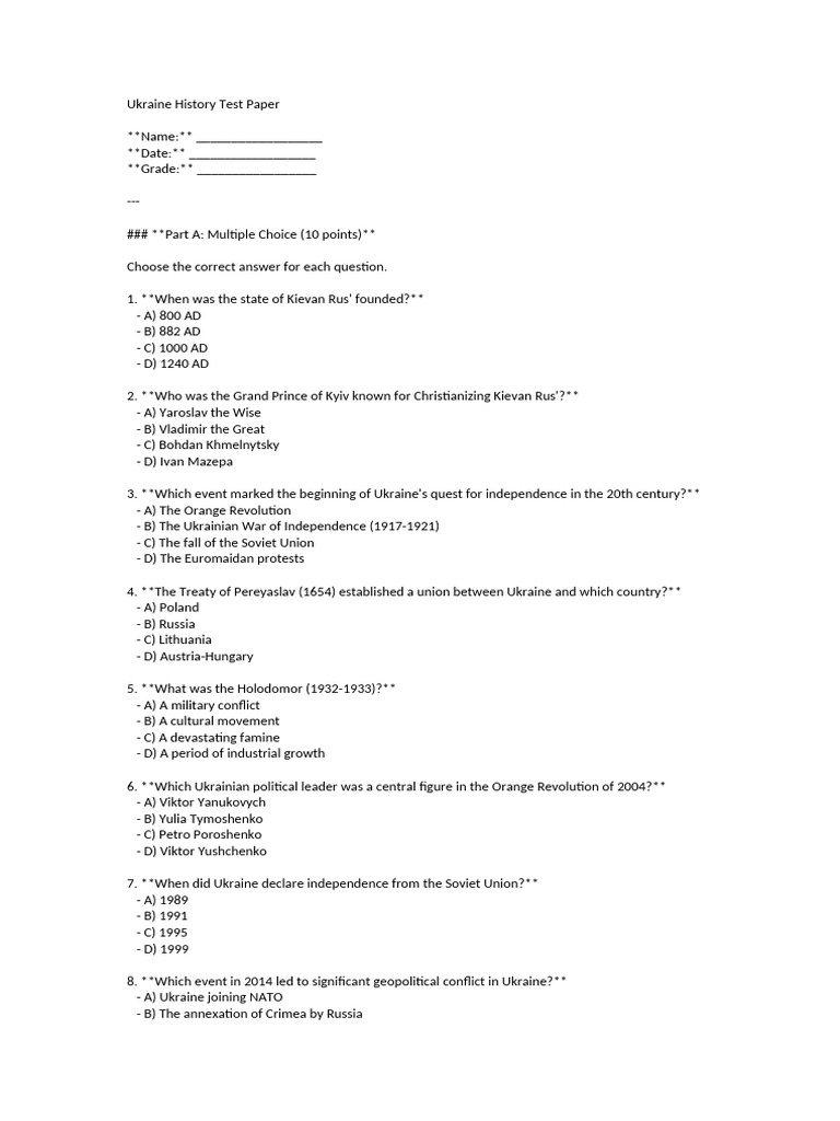 Ukraine History Test Paper | PDF