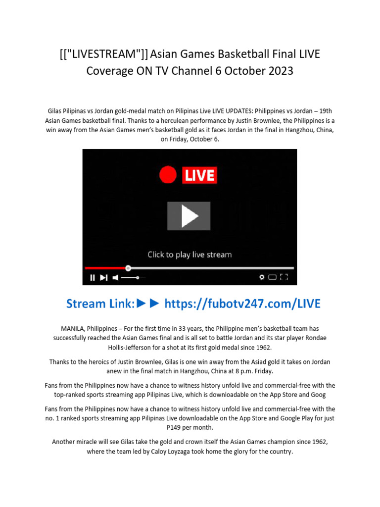 Gilas Pilipinas V Jordan Live Coverage On Basketball tv1 | PDF | Sports