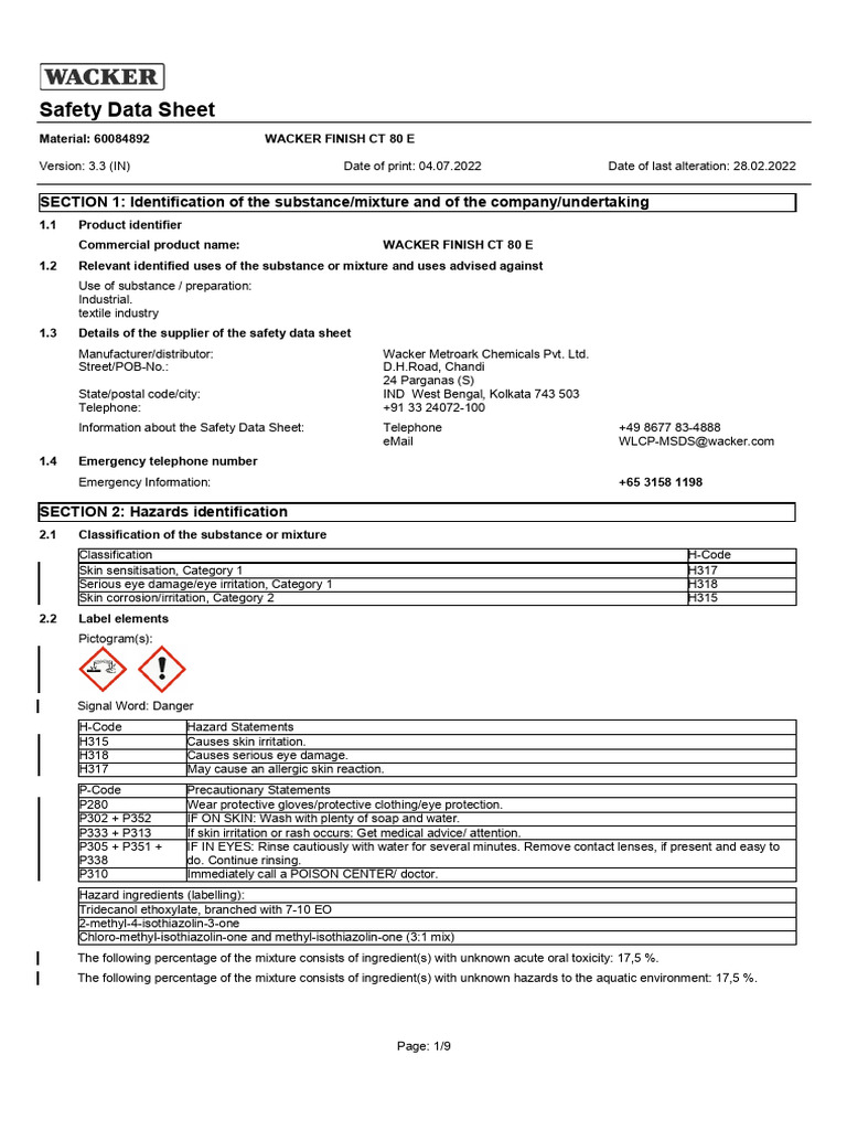 Safety Data Sheet: SECTION 1: Identification of The Substance/mixture ...