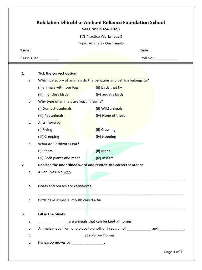Class 3-Practice Worksheet 5 Animals Our Friends-2024-25 | PDF