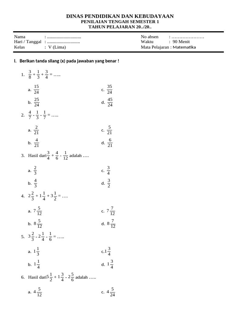 Soal PTS MTK Kelas 5 Ganjil K13 | PDF