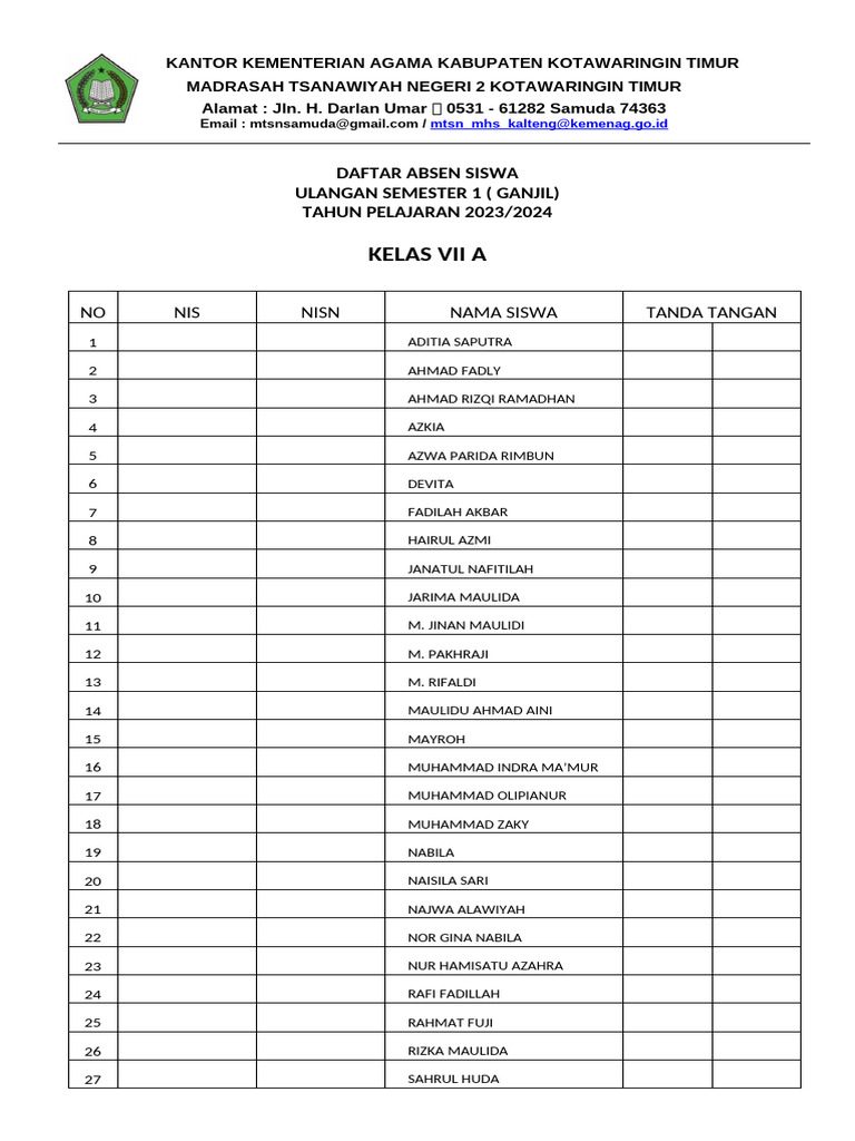 Daftar Absen Ulangan Siswa | PDF