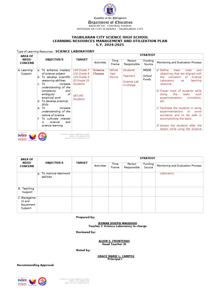 TC Shs Final Utilization Plan Science | PDF | Science | Laboratories