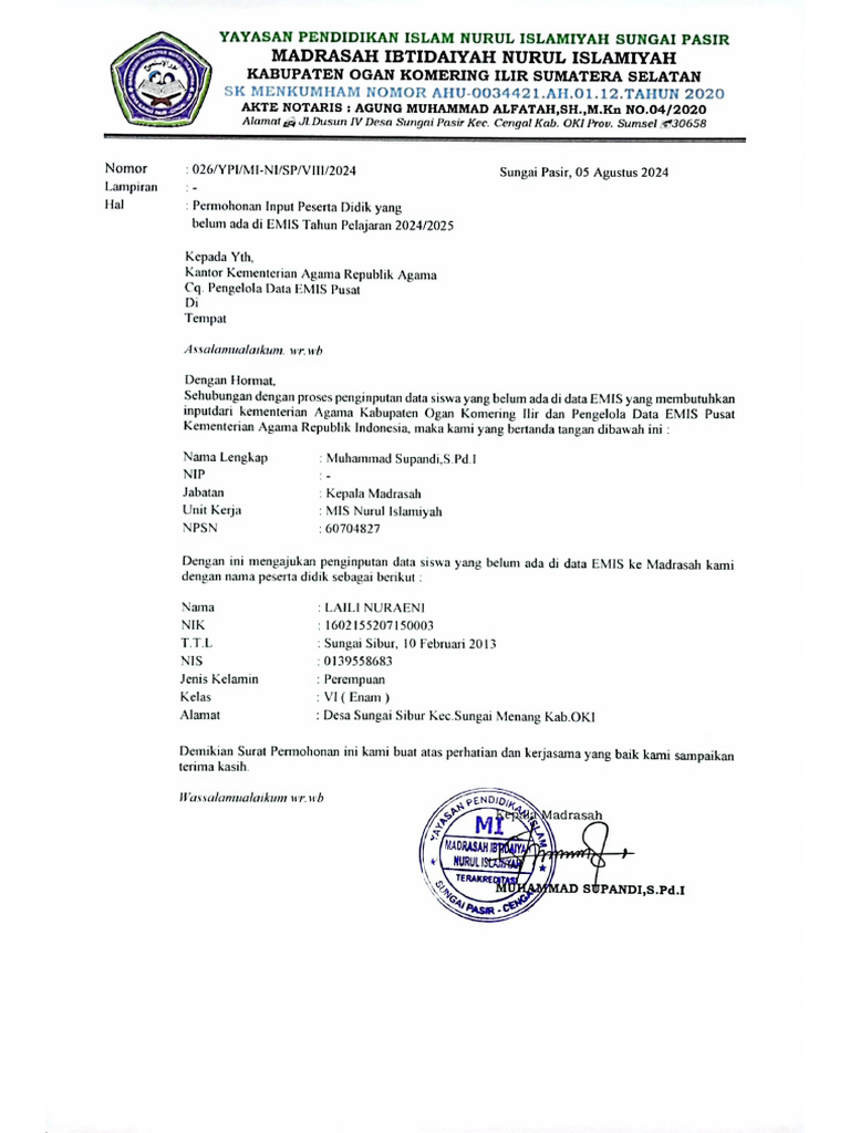 Surat Input Data Siswa Laili | PDF