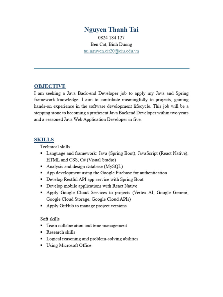 CV Nguyen Thanh Tai Apply Java Back-End Internship | PDF | Application Software | Java ...
