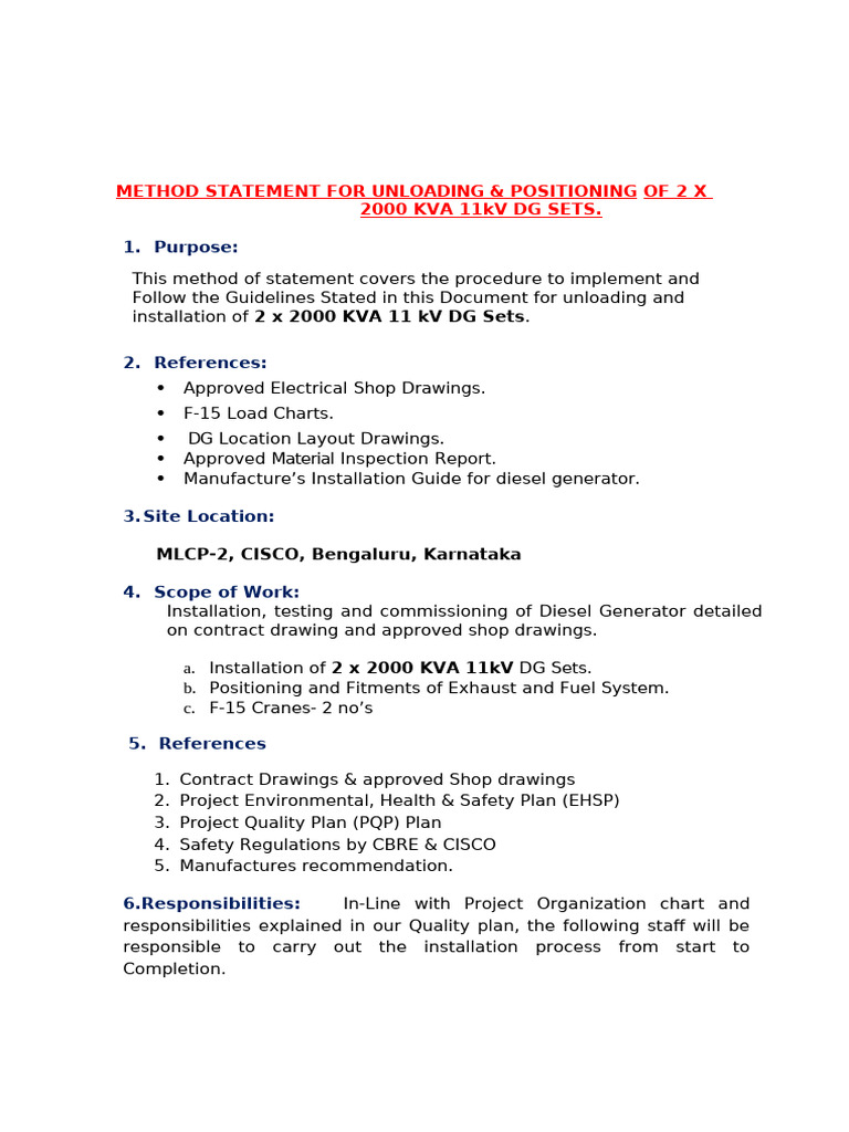 Method Statement For Unloading Diesel Generator and Installation Procedure 2X2000 Kva DGH | PDF ...
