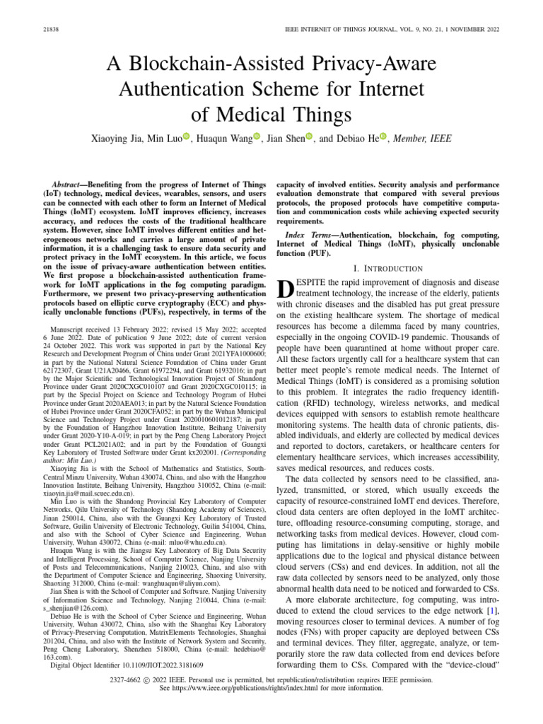 A Blockchain-Assisted Privacy-Aware Authentication Scheme For Internet of Medical Things | PDF