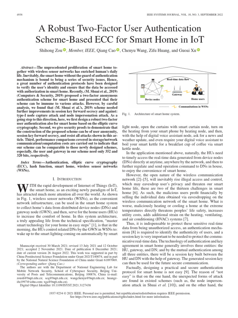 A Robust Two-Factor User Authentication Scheme-Based ECC For Smart Home in IoT | PDF