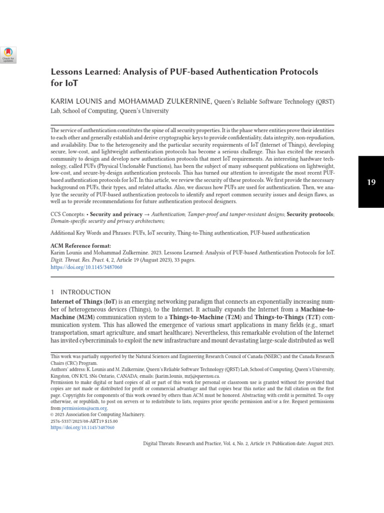 Analysis of PUF-based Authentication Protocols For IoT-artical | PDF