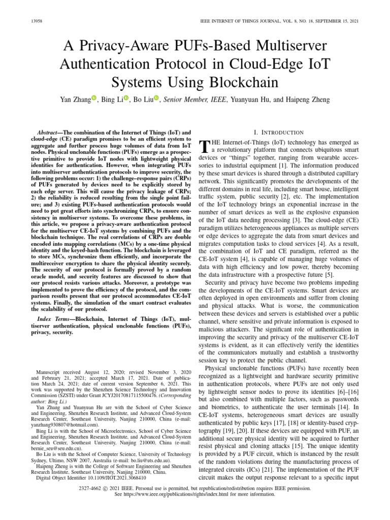 A Privacy-Aware PUFs-Based Multiserver Authentication Protocol in Cloud-Edge IoT Systems Using | PDF
