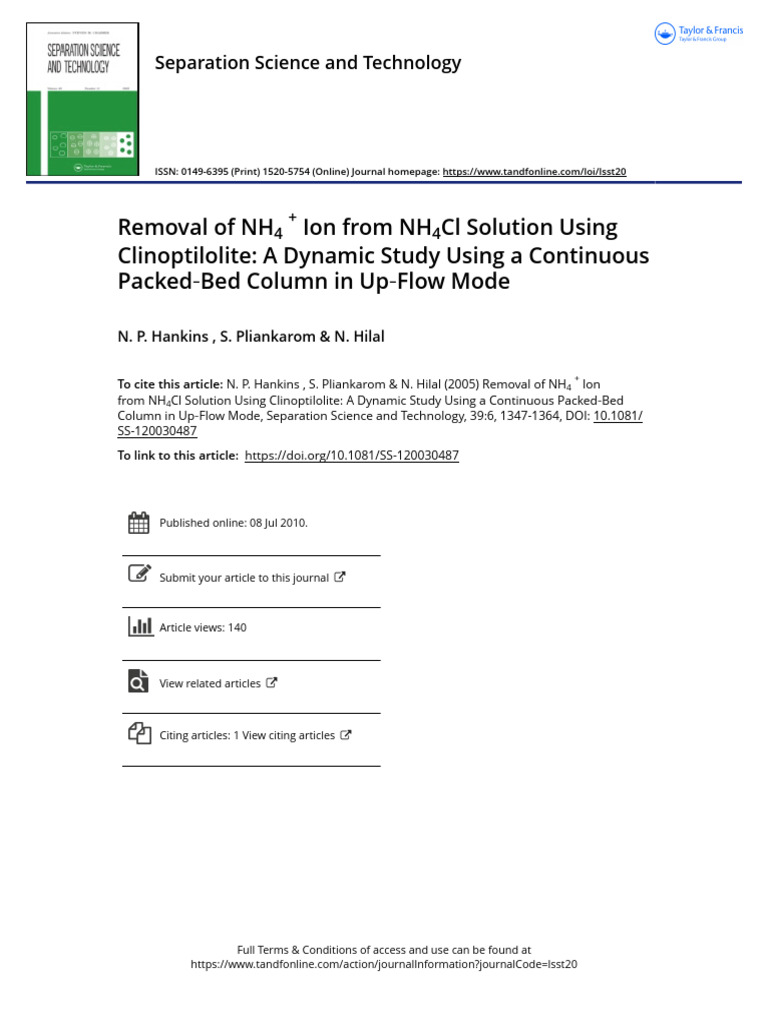 2005 - 1 - Removal of NH4 Ion From NH4Cl Solution Using Clinoptilolite A Dynamic Study Using A ...