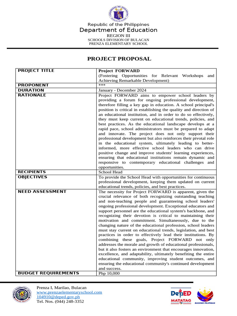 SAMPLE Project Proposal of Project FORWARD | PDF