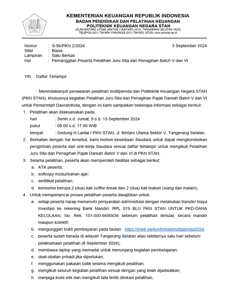 Pemanggilan Peserta Pelatihan Juru Sita Dan Penagihan Batch 5 Dan 6 | PDF