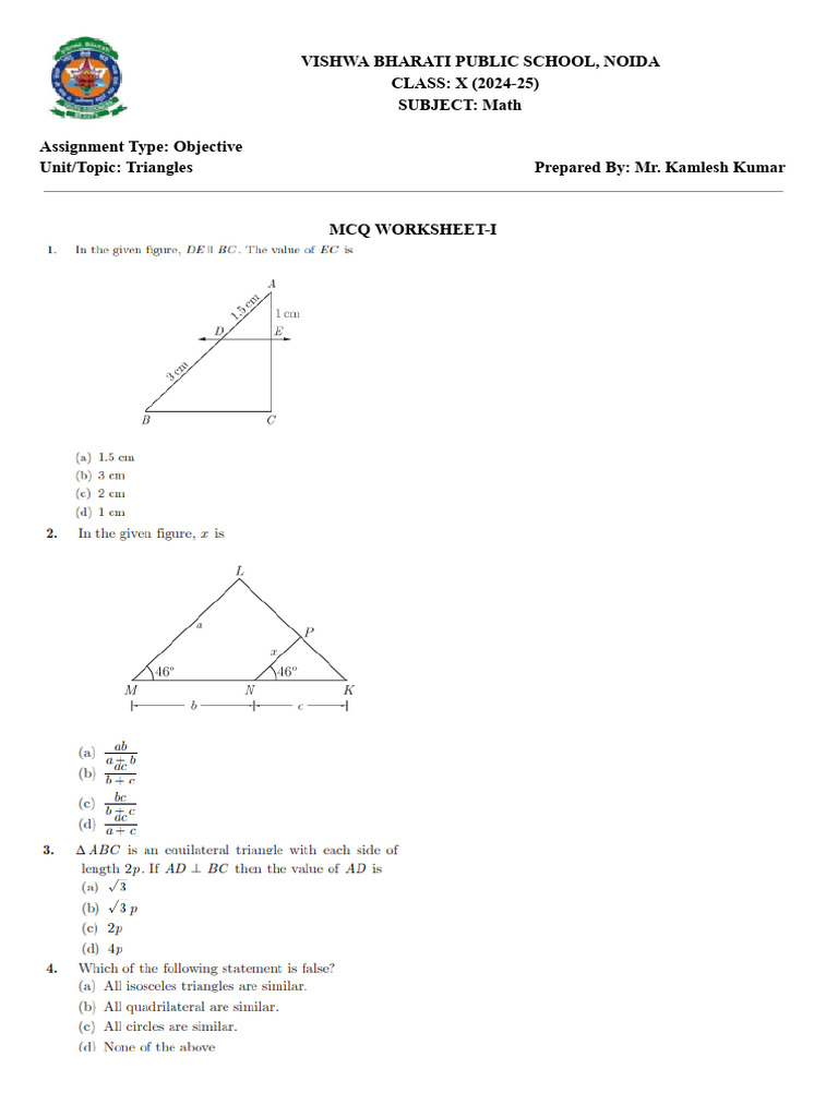 Obj Triangles Class 10 | PDF