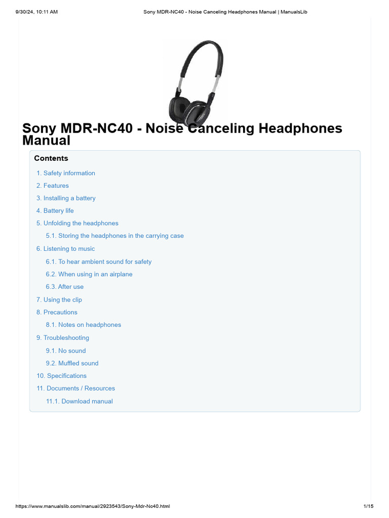 Sony MDR-NC40 - Noise Canceling Headphones Manual - ManualsLib | PDF