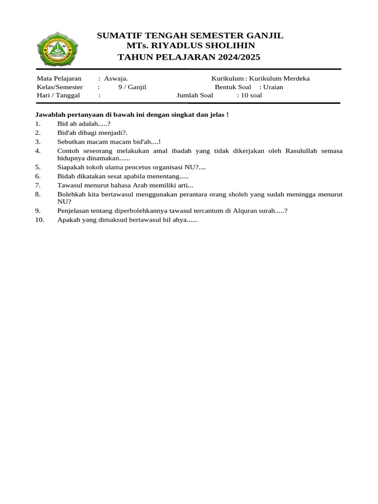 FORMAT SOAL PTS Aswaja 9GANJIL | PDF