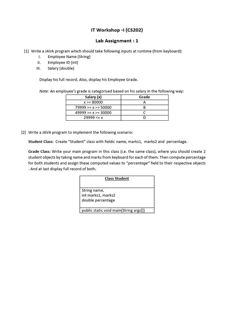 IT Workshop - I (CS202) Lab Assignment: 1: N Employee's Grade Is Categorised Based On His Salary ...