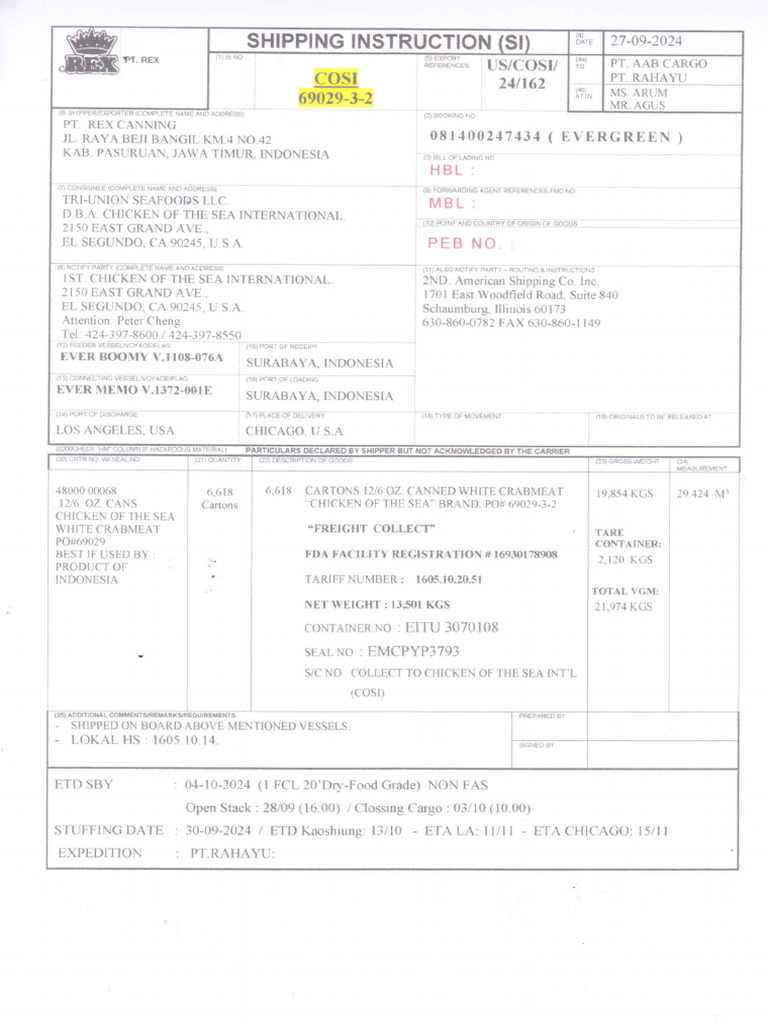Shipping Instructions for Crab Meat Export | PDF
