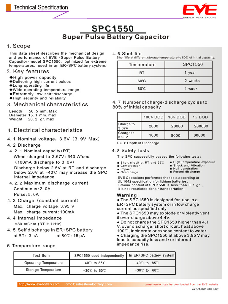SPC1550 Battery Specs for Engineers | PDF | Capacitor | Electrical ...
