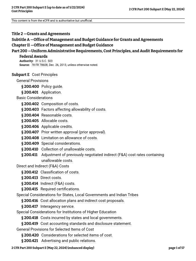 2 CFR Part 200 Subpart E (Up To Date As of 5-22-2024) | PDF