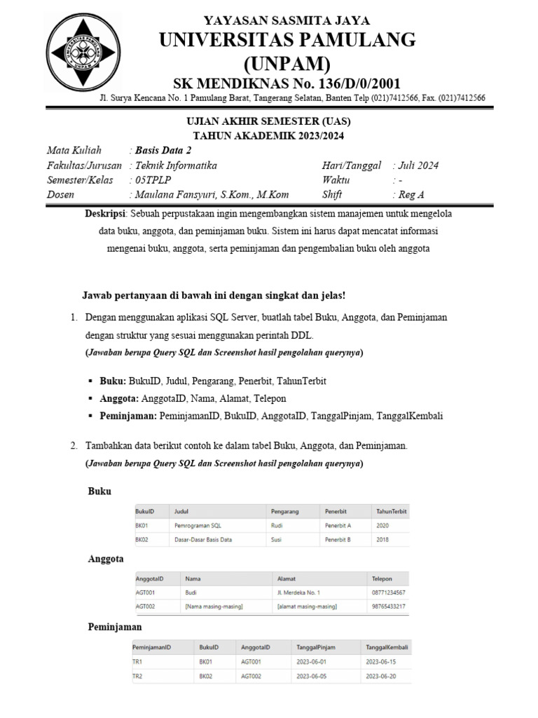UAS Basis Data 2 Reg A | PDF