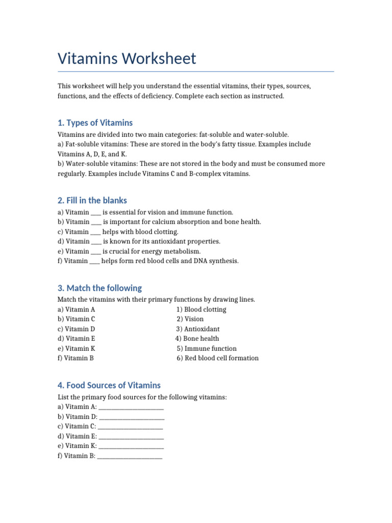 Detailed Vitamins Worksheet | PDF