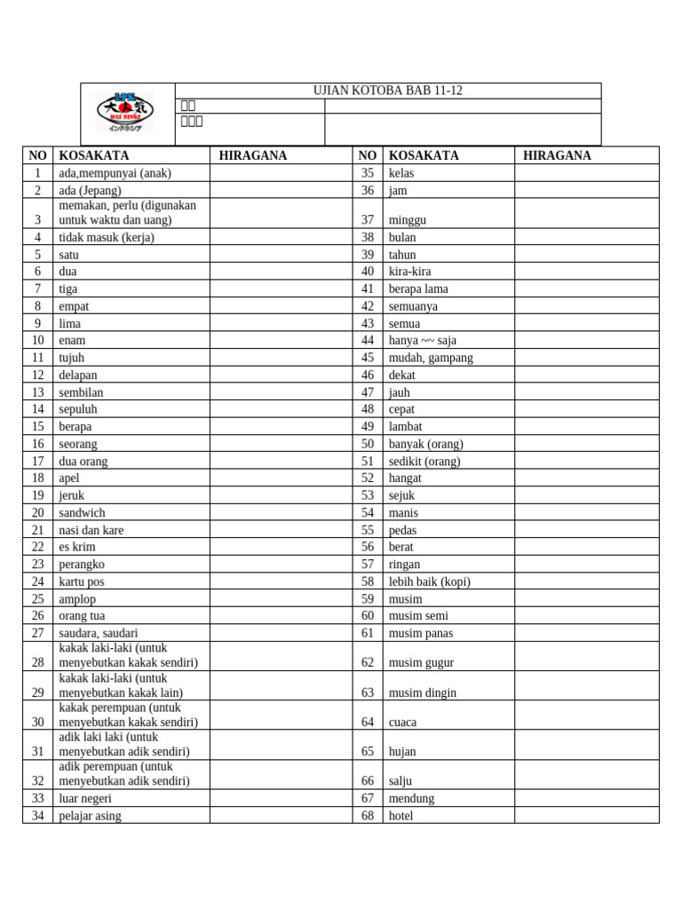 Ujian Kotoba Bab 11-12 | PDF