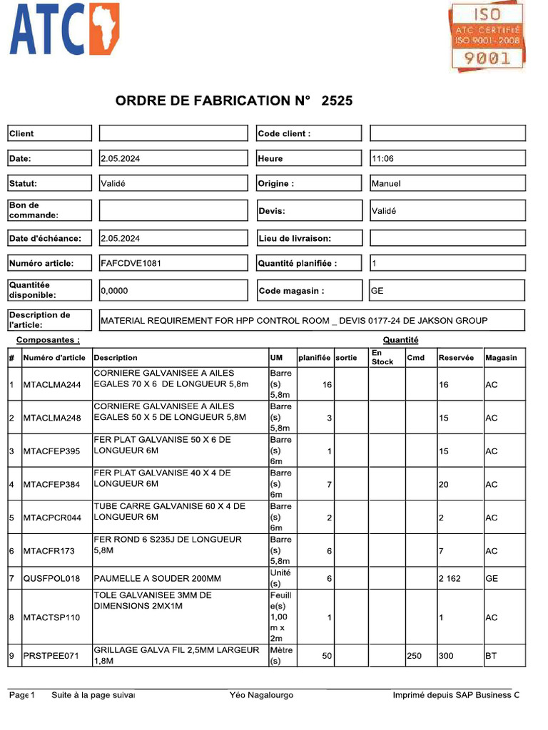 Ordre de Production - 2525 - 20240502 - 110612 | PDF