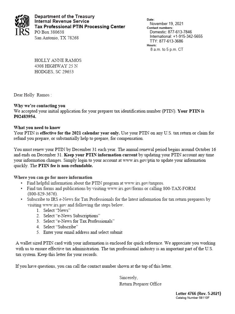 Ax Professional PTIN Processing Center: Department of The Treasury ...