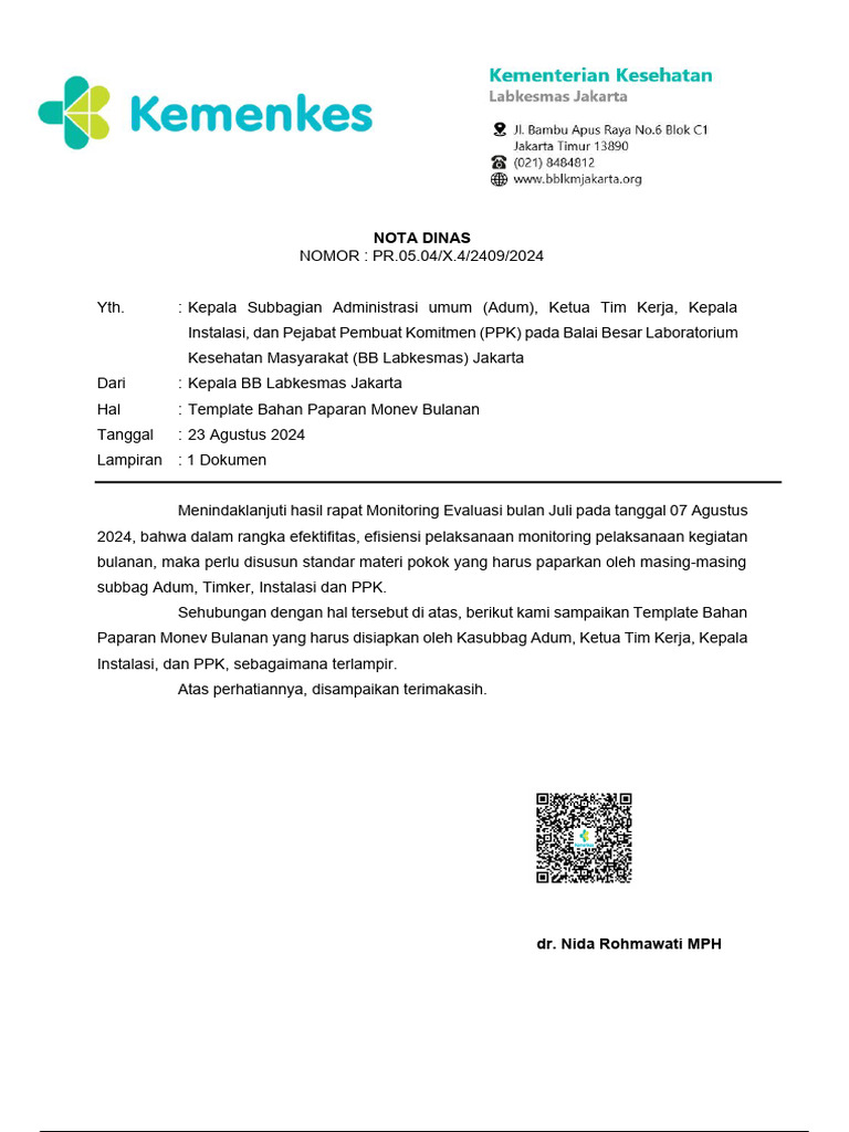 Nota Dinas Template Paparan Monev Bulanan | PDF
