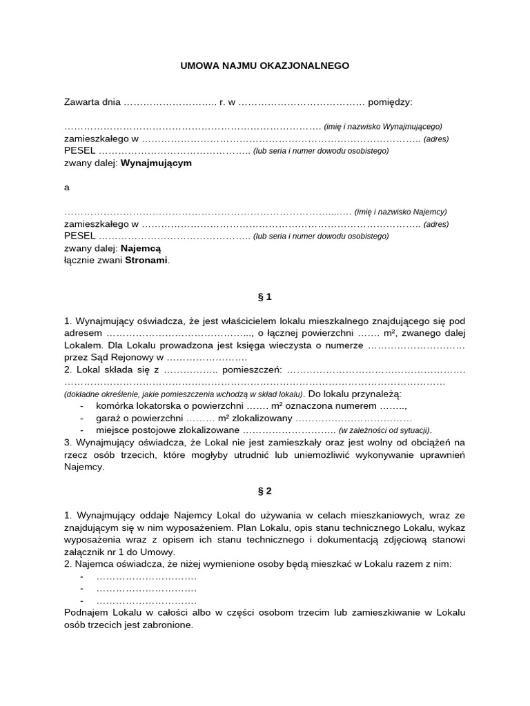 Umowa Najmu Okazjonalnego - Wzór | PDF