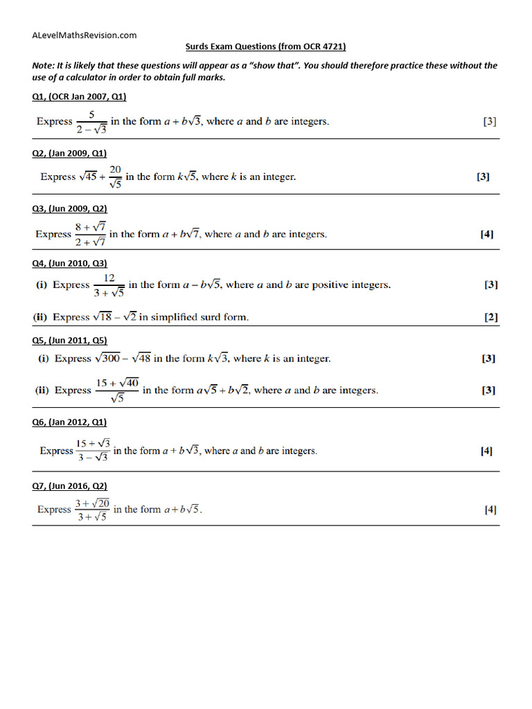 1 Surds Exam Questions 7 | PDF