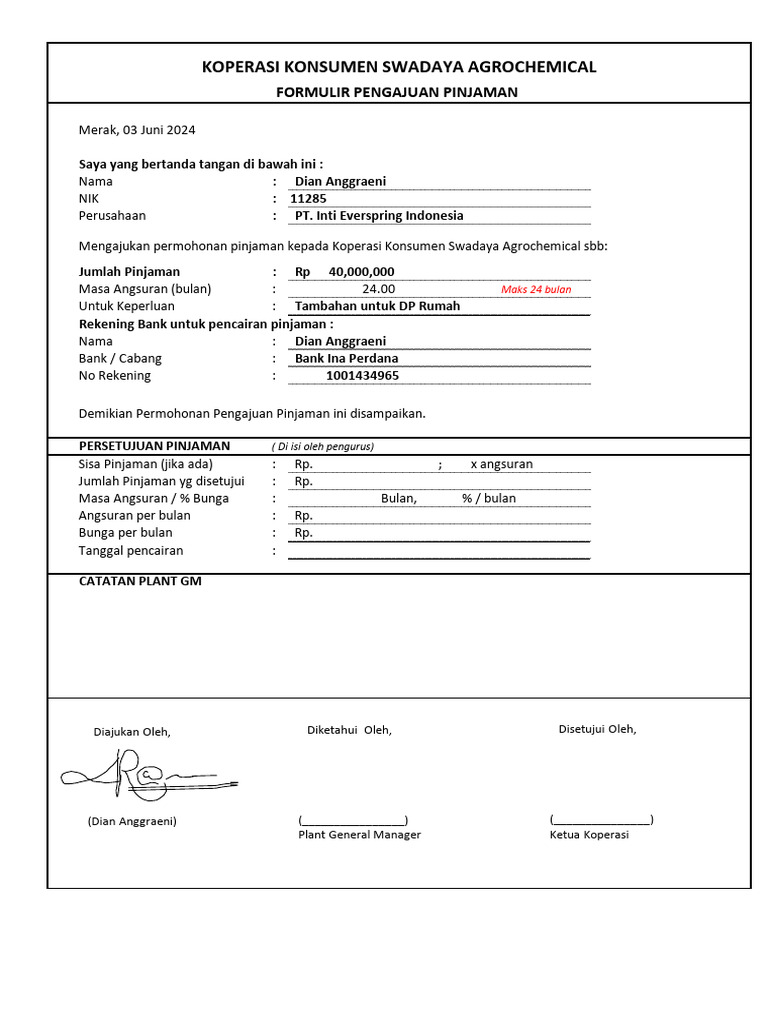 Form Pengajuan Pinjaman Koperasi (Dian Anggraeni 11285) | PDF