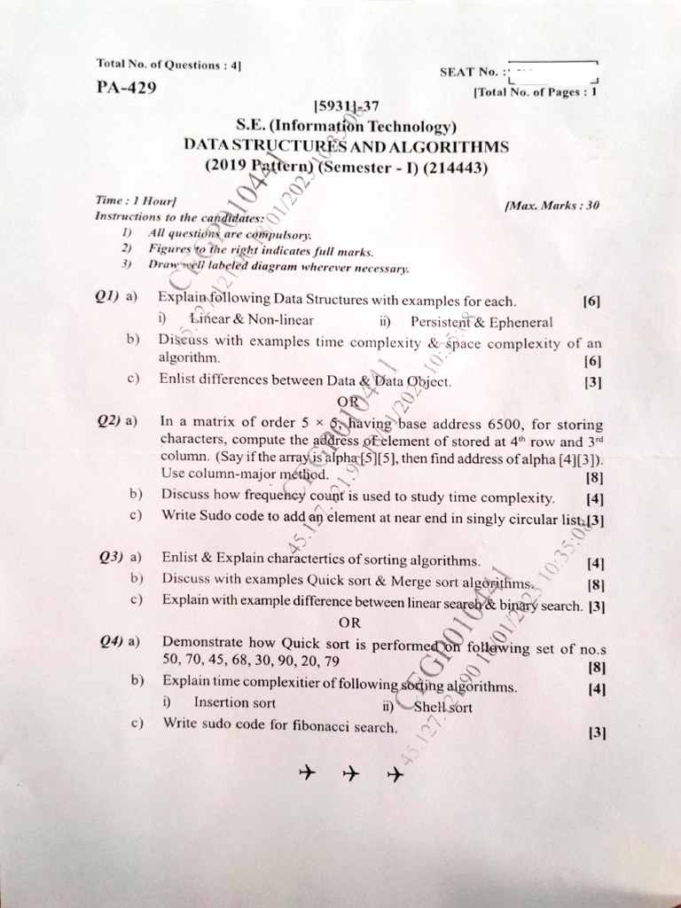 Sppu Se (It) In-Sem Exam Jan'2023 - Dsa | PDF