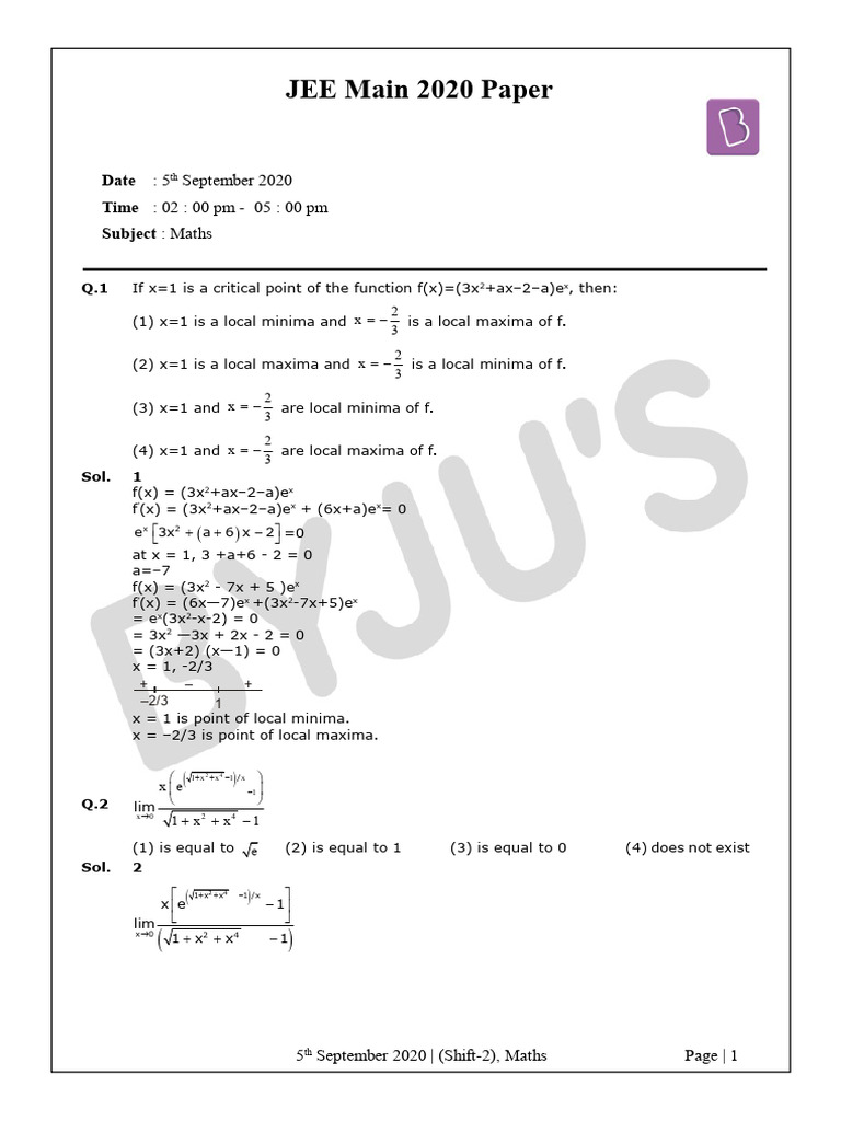 Jee Main 2020 Question Paper Maths September 5 Shift 2 | PDF