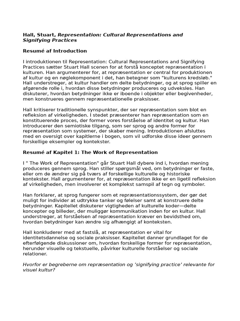 Resume Af Tekster - Repræsentation Af Stuart Hall | PDF