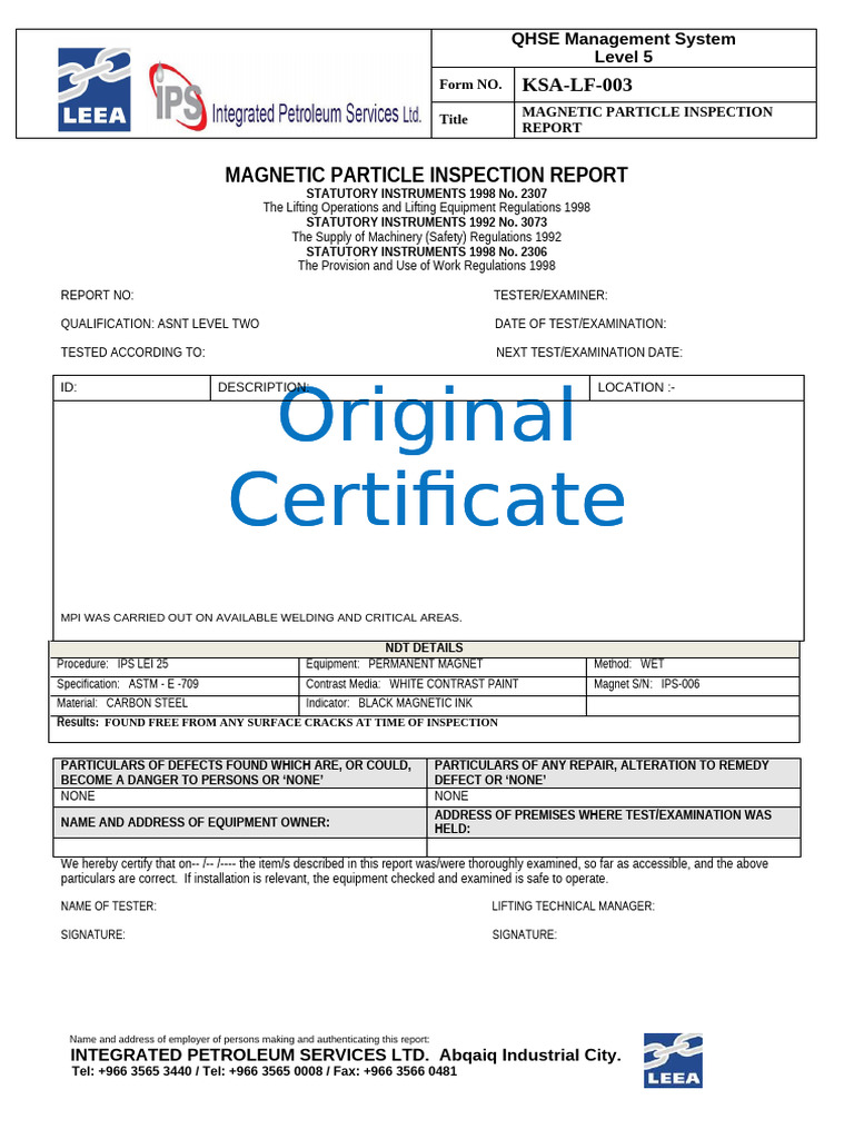 Ksa-Lf-003-M.p.i Report | PDF