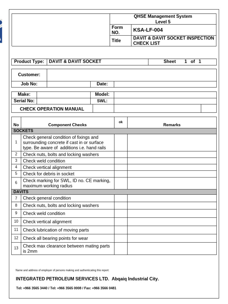 KSA-LF-004 - Davits CheckList | PDF